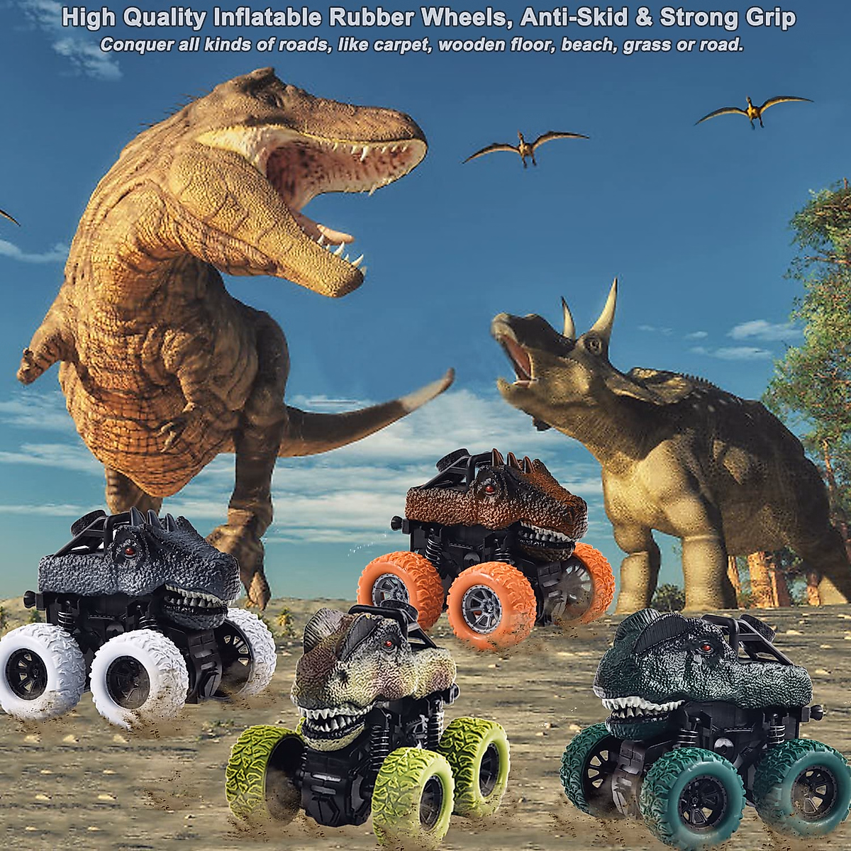 Dinosaur Monster Truck Toys for Boys, 4 Pack Friction Powered Dino Car Toys for Toddlers, Push and Go Inertia Car for Kids, Christmas Birthday Party Favors Gifts for 3 4 5 6 7 8 Years Old Boys Girls