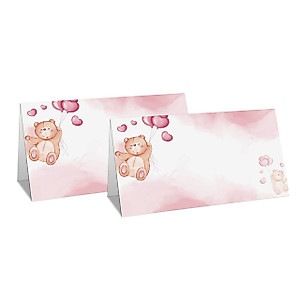 Table Place Card for Baby Shower, 25 Pcs Tent Cards Set with Blush Pink Bear Ballon Design, Editable Name Cards for Table Seating, Party Food Lables, We Can Bearly Wait Baby Shower Decorations(01)