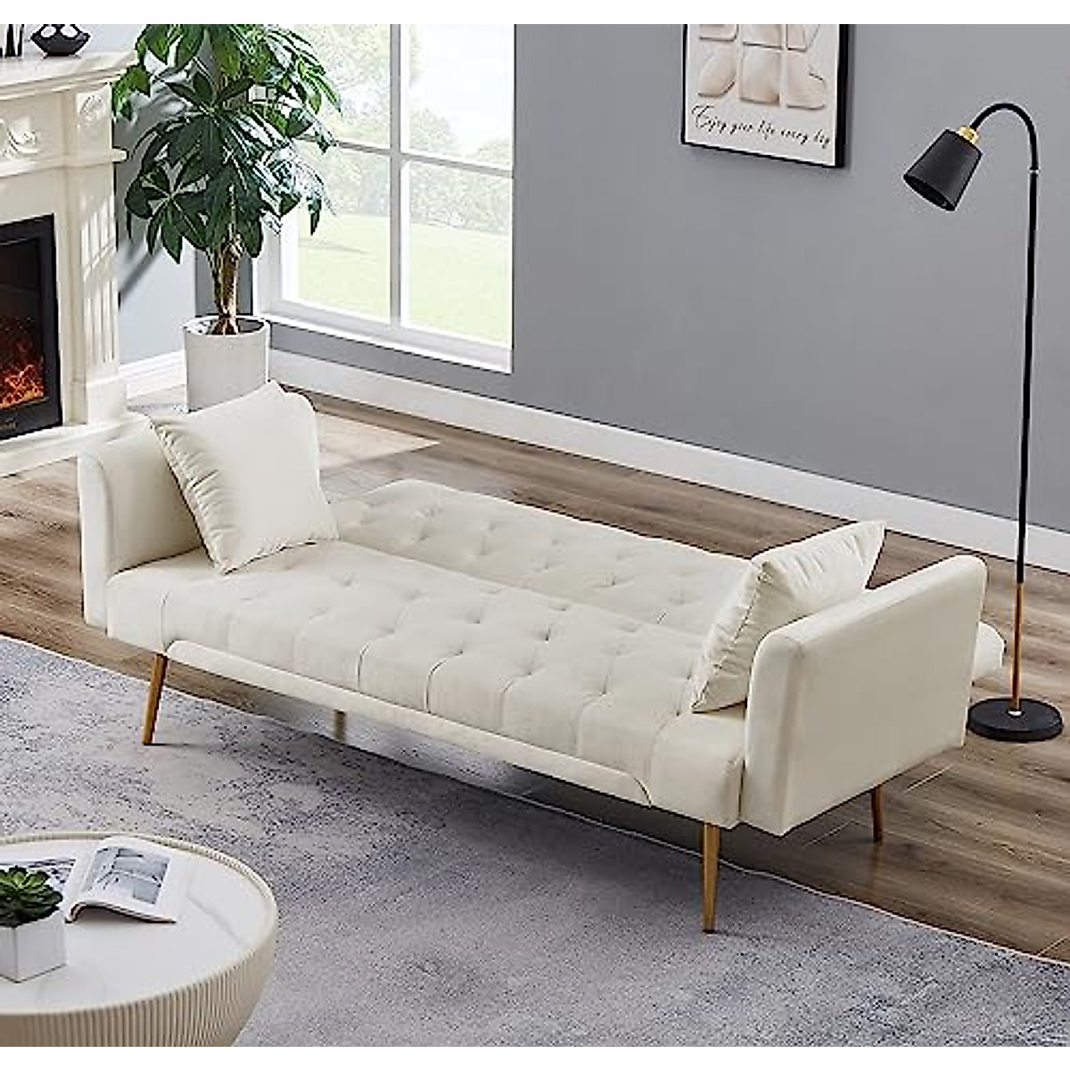 72"Modern Velvet Sofa Bed Futon,Convertible Folding Sleeper Bed Couches with 3 Adjustable Backrests,Tufted Recliner Love Seat with Golden Chrome Legs for Living Room Apartment Home Office (Beige)