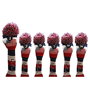 USA Majek Golf Driver 1 3 5 7 9 X Fairway Woods Headcovers Pom Pom Knit Limited Edition Vintage Classic Traditional Flag Stars Red White Blue Stripes Retro Head Cover Fits 460cc Driver and 260cc Woods