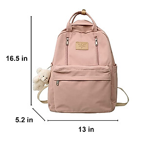 AONUOWE Preppy Backpack with Plushies Cute Backpack for Teen Girls Light Academia Bookbags Solid Aesthetic School Bag (Pink)