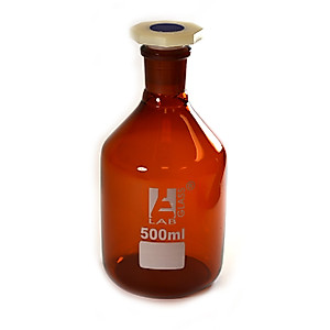 Eisco Labs 500ml Amber Reagent Bottle, Narrow Mouth with Acid Proof Polypropylene Stopper, Socket Size 24/29