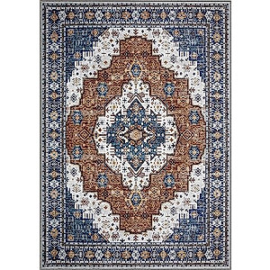 Washable Rug Living Room Rugs: 5x7 Area Rug Large Boho Medallion Distressed Carpets Indoor Soft Floor Anti Slip Carpet for Under Dining Table Bedroom Farmhouse Home Office - Blue/Orange Brown