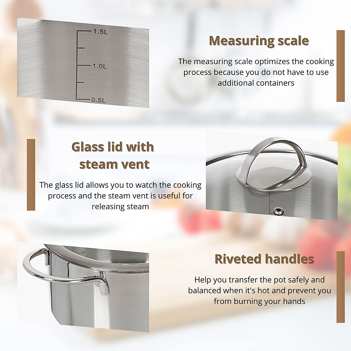 Daniks Bonn Stainless Steel Stock Pot with Glass Lid | Induction 2 Quart | Dishwasher Safe Pot | Measuring Scale | Soup Pasta Stew Pot | Silver