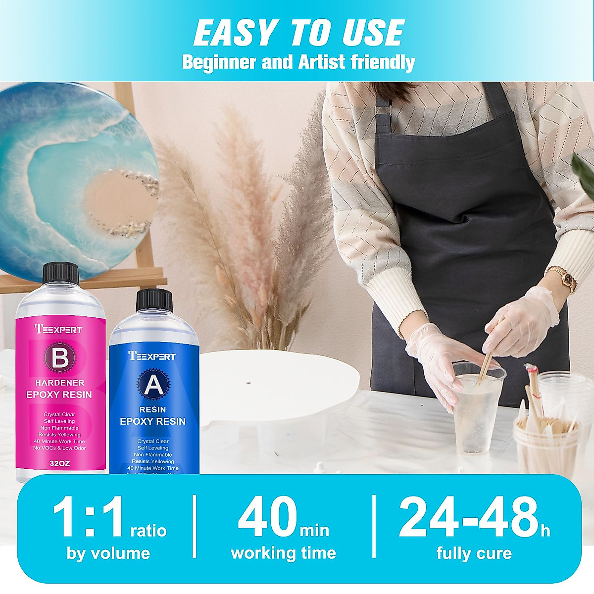 Teexpert Epoxy Resin Crystal Clear: 64OZ Epoxy Resin kit Fast Curing Heat Resistant for Casting Coating Art DIY Craft Jewelry Wood Table Top Flower Preservation- 2 Part(32OZ Resin and 32OZ Hardener)
