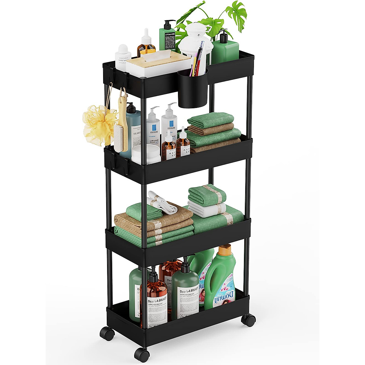 LEHOM Slim Rolling Storage Cart - 4 Tiers Bathroom Organizer Utility Cart Slide Out Storage Shelves Mobile Shelving Unit for Kitchen, Bedroom, Office, Laundry Room, Small Narrow Spaces Black