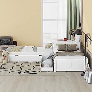 CITYLIGHT L-Shaped Platform Bed with Trundle and Drawers Linked with Built-in Desk, Wood Corner Bed with 3 Twin Beds for Kids Girls Boys Teens Bedroom (Twin,White)