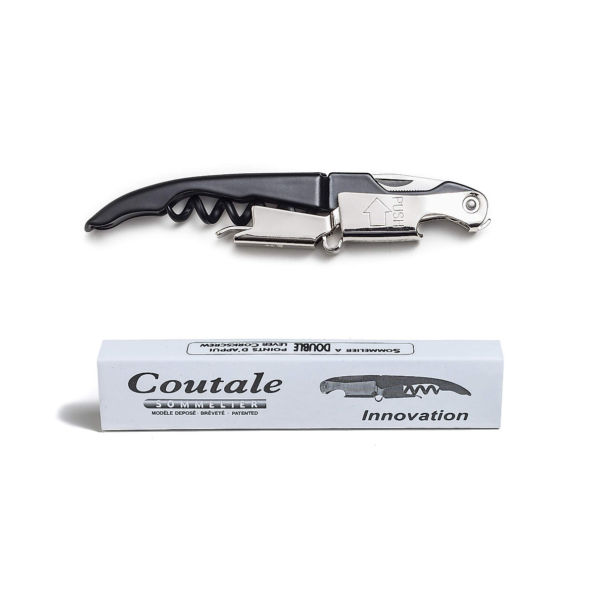 Innovation Waiters Corkscrew By Coutale Sommelier - Black - French Patented Manual Double Lever Wine Bottle Opener for Bartenders and Gifts - Patented Auto Knife Closure
