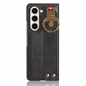 Futanwei for Samsung Galaxy Z Fold5 Case with Wrist Strap Grip Holder Kickstand, Galaxy Z Fold 5 5G Phone Case, [Hard PC + PU Leather] Full Body Shockproof Protective Case Cover for Women Girls, Black