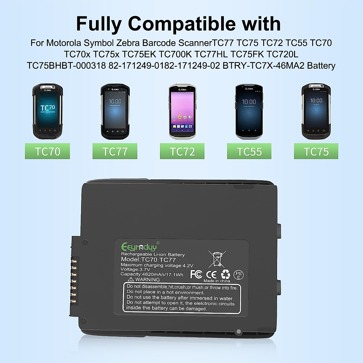 Eeyrnduy 4620mAh Barcode Scanner Battery for Motorola Symbol Zebra TC55 TC70 TC75 TC77 TC700H TC700K TC70X TC720L TC75X Barcode Scanner Replacement Battery BT-000318, BT-000318-01