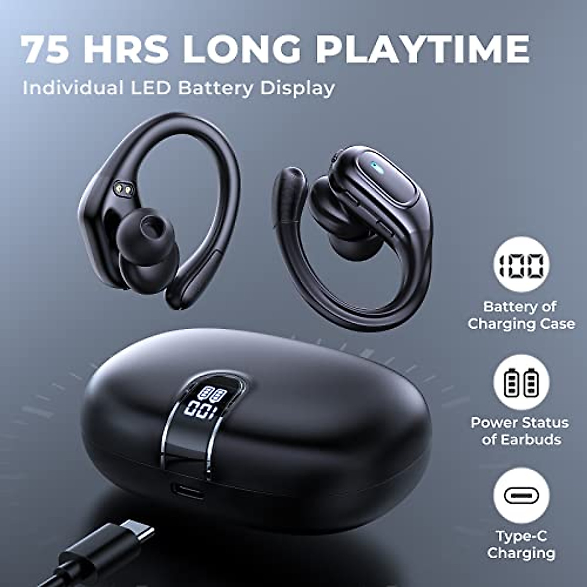 Wireless Earbuds,True Wireless Bluetooth 5.3 Earbuds,75H Playtime IPX7 Waterproof Headphones with LED Digital Display & CVC 8.0 Noise Cancelling Mic in-Ear Earphone for iPhone Android