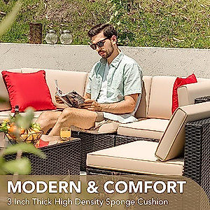 Devoko Patio Furniture Sets 6 Pieces Outdoor Sectional Rattan Sofa Manual Weaving Wicker Patio Conversation Set with Glass Table and Cushion (Beige)