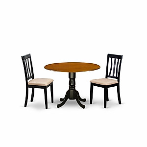 East West Furniture DLAN3-BCH-C 3 Piece Dining Room Table Set Contains a Round Kitchen Table with Dropleaf and 2 Linen Fabric Upholstered Dining Chairs, 42x42 Inch, Black & Cherry