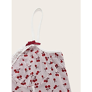 SOLY HUX Women's Cherry Print V Neck Summer Cami Top Bow Lace Trim Sleeveless Summer Crop Tops Red and White L