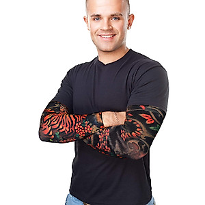 Boao 20 Pcs Men's Cooling Arm Sleeves Long Fingerless Arm Cover Anti Slip UV Protection Sun Temporary Tattoo Arm Sleeves (Novelty Style,Medium)