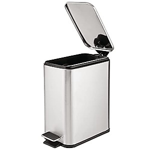 mDesign Slim Metal Rectangle 1.3 Gallon/5 Liter Trash Can with Step Pedal, Easy-Close Lid, Removable Liner - Narrow Wastebasket Garbage Container Bin for Bathroom, Bedroom - Brushed Stainless Steel