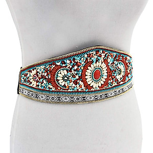 NSLS Elastic Waist Belt Bohemian Adjustable Wide Waist Chain with Turquoise Beads Stone for Women Dancing Dress(A)