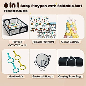 Gimars Upgraded 320D Washable Baby Playpen with Padding Mat, 6in1 Large Playpen for Toddlers, Sturdy & Safe Playpen with Padded Cotton Top Rod for Protecting Babies, Baby Play Yard with Zipper Gate