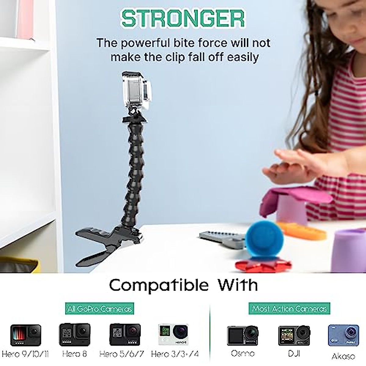 HONGDAK 8-in-1 Jaws Flex Clamp Mount with Adjustable Gooseneck (8 Sections) for GoPro Hero 11, 11Mini, 10, 9, 8, 7, 6, 5, 4, Session, 3+, 3, Max, Hero (2018), Fusion, DJI Osmo, Xiaomi Yi Action Camera