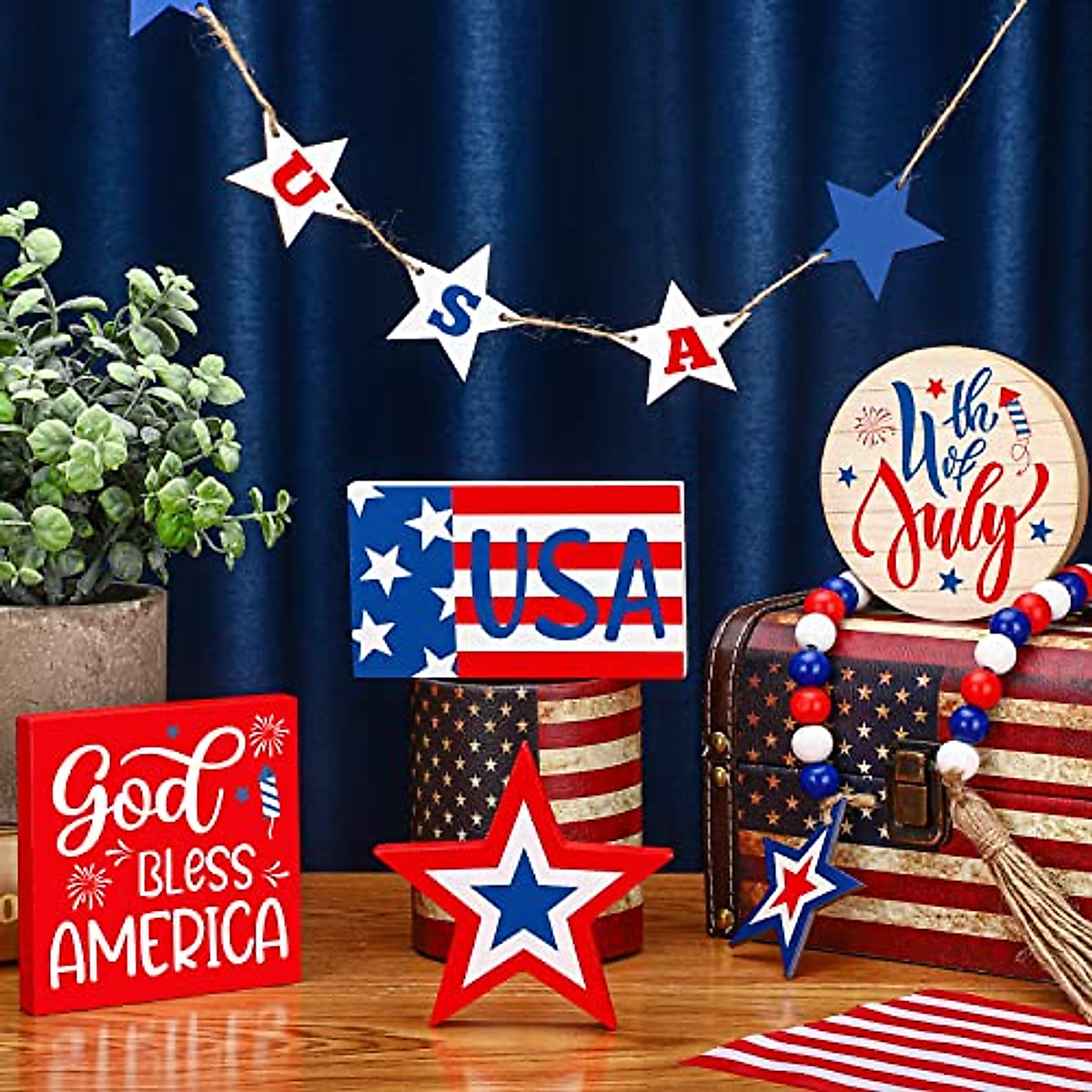 10 Pcs 4th of July Tiered Tray Decor Set Patriotic Tiered Tray Decor American Star Wood Signs Rustic Farmhouse Decor Red White Blue Signs Independence Day Decoration for Home Shelf (Fresh Style)