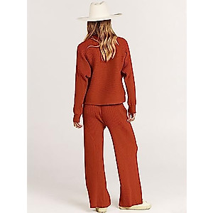 ANRABESS Women's 2 Piece Sweater Lounge Set Creneck Long Sleeve Ribbed Knit Pullover Crop Top and Straight Pants 582shenxiuhong-S Rust