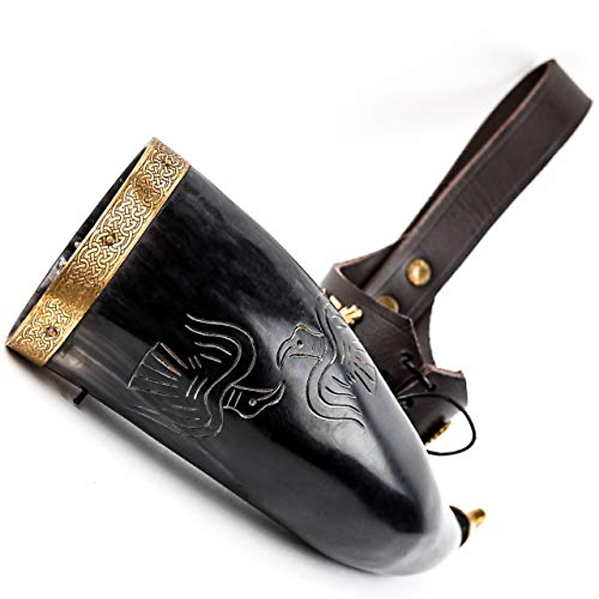 Mythrojan THE BIRD OF PREY Viking Drinking Horn with Brown Leather holder Authentic Medieval Inspired Viking Wine/Mead Mug – Polished Finish