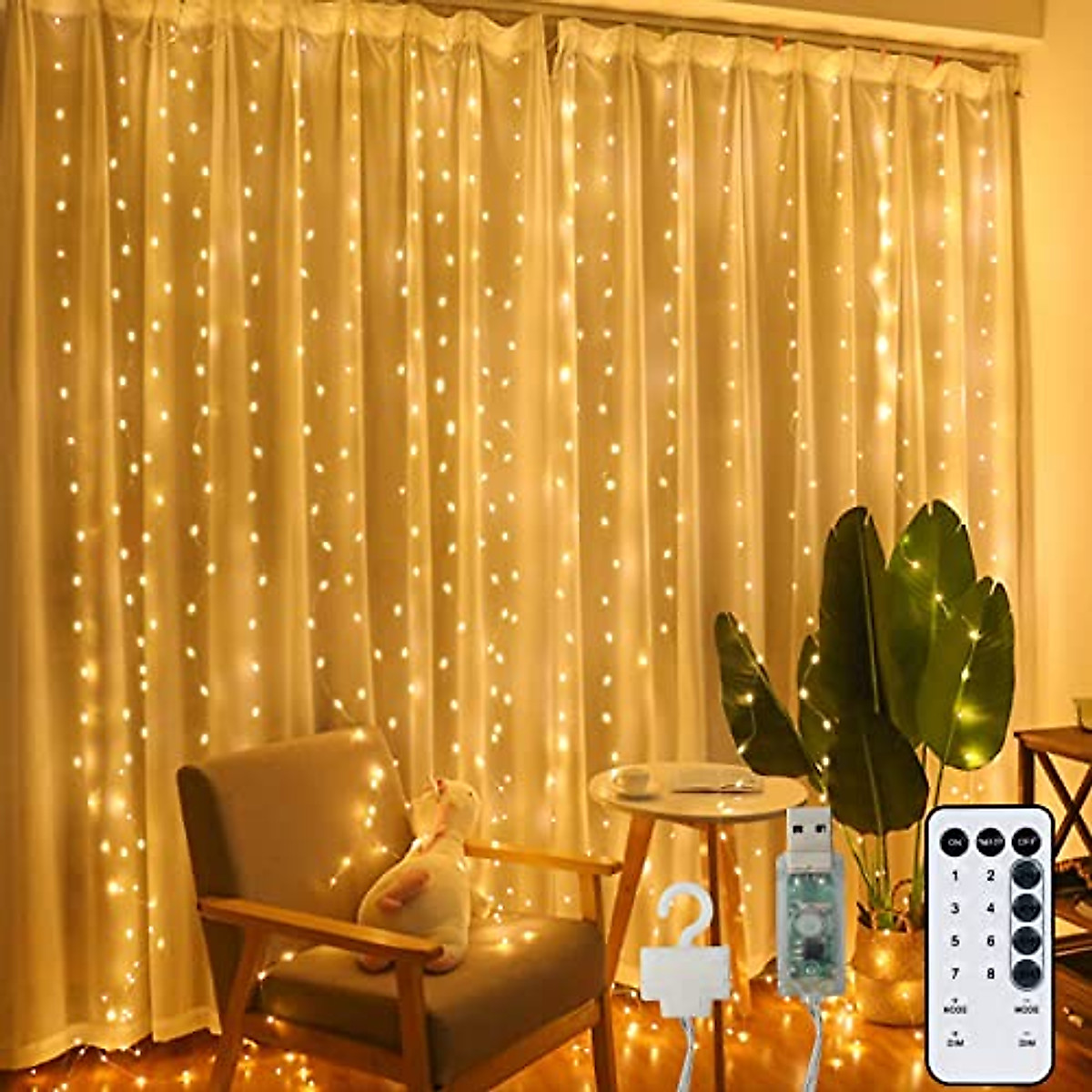 GIREALO Starry Window Curtain String Light Warm White 300 LED 8 Lighting Modes USB Powered Fairy Lights Remote Control Strip Lights for Bedroom Home-Party Wall Decorations