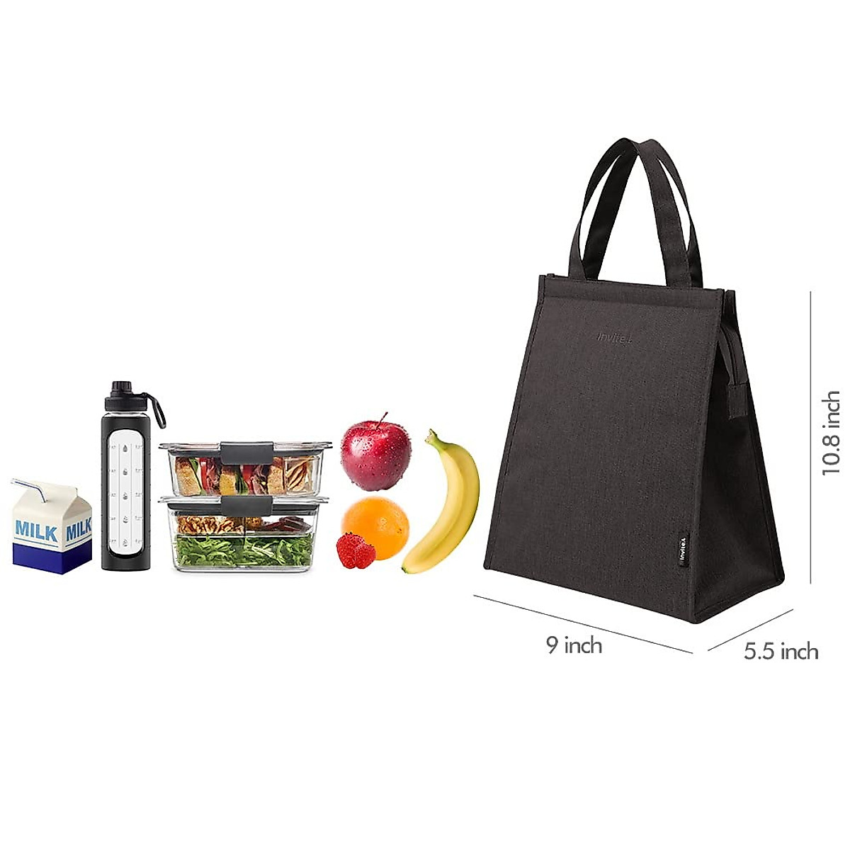 Black Lunch Bag for Men - Insulated Lunch Bags for Women Lunch Bag Tote with Zipper Lunch Tote Bag for Women Simple Lunch Box Reusable Insulated for Men Lunch Bags Small Adult Lunch Box Tote Bag
