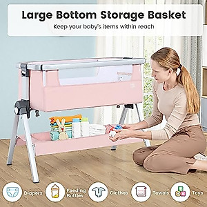 BABY JOY Bassinet, Portable Bedside Crib w/Mattress, Storage Basket, Built-in Pulleys, Adjustable Height & Travel Bag, Bassinet Bedside Sleeper for Newborn Infants (Pink)
