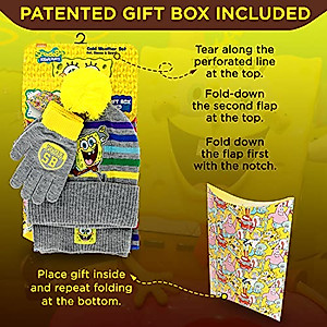 Spongebob Squarepants Winter Hat, Scarf, and Snow Gloves for Kids, 3 Pc. Set, Warm and Cute Pom-Pom Beanie Boys Girl Toddler
