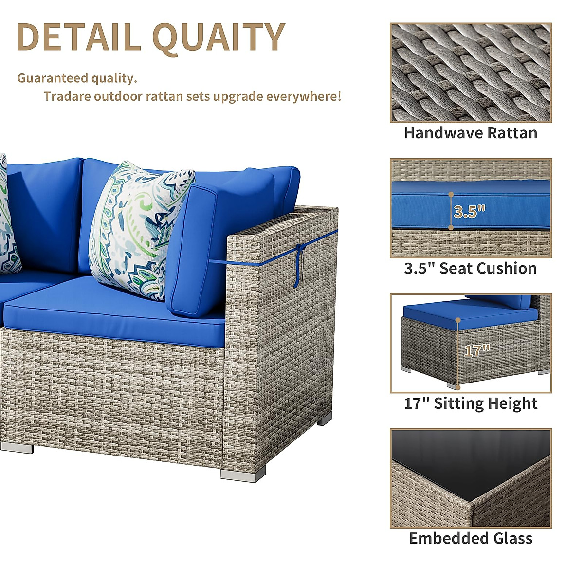 Tradare Patio Furniture Set, 7 Pieces Modular Outdoor Couch, Wicker Patio Sofa Conversation Set with Glass Table and Blue Cushion, All Weather Patio Sectional Furniture Set