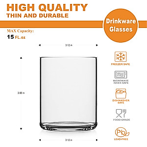 LUXU Thin Whiskey Glasses 15 oz,Premium Water Glasses Set of 4,Clear Glass Cups For Water, Juice, Beer, Drinks, and Cocktails and Mixed Drinks (15 OZ)