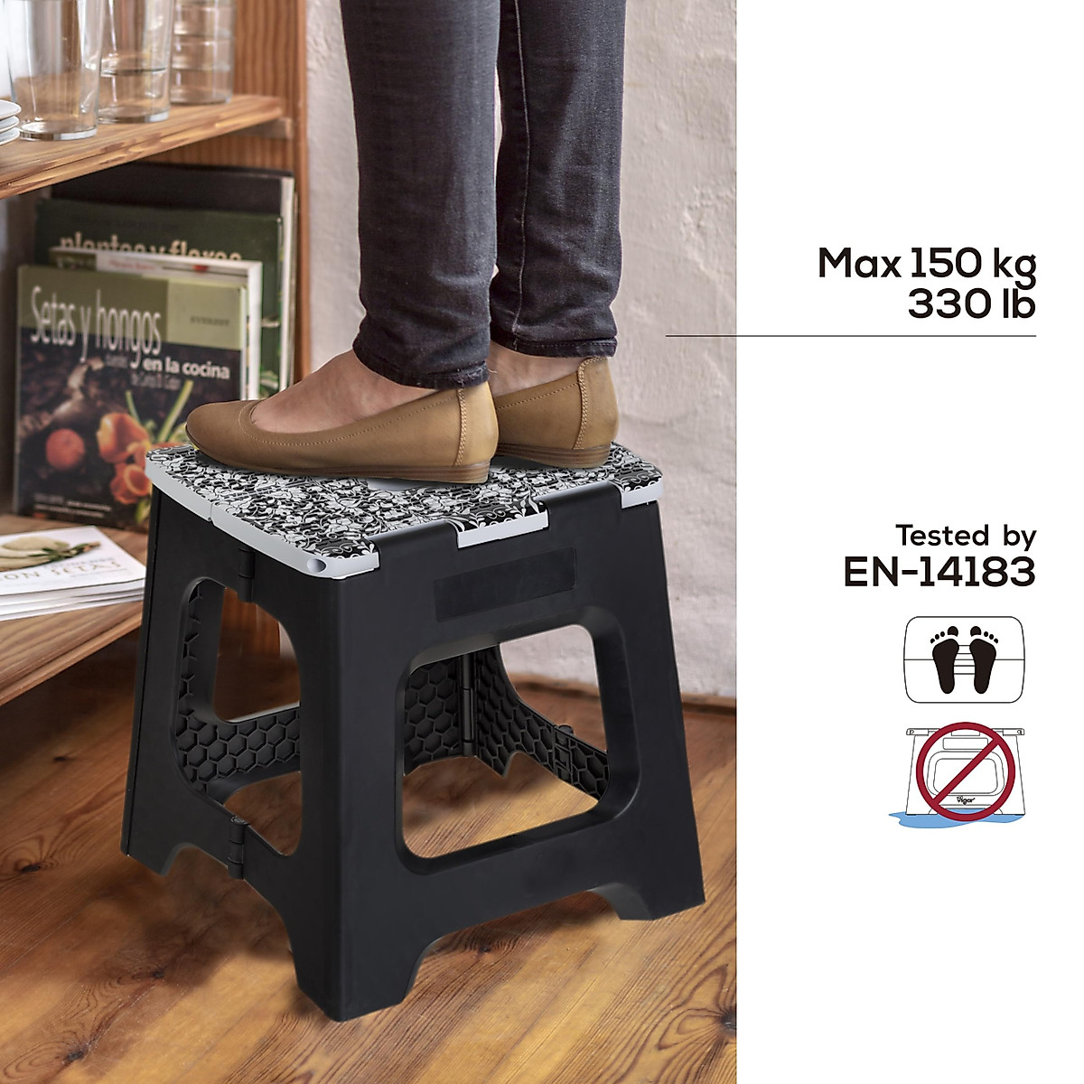 Vigar Compact Step Stool Foldable, 12-1/2-inch Step Stools for Adults up to 330 Pound, Lightweight Stool, Non-Slip Folding Step Stool, Rococco Black