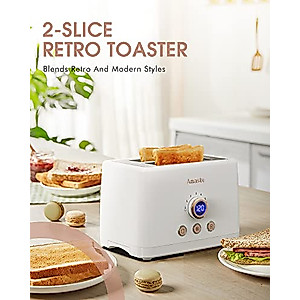2 Slice Toaster, Retro Bread Toaster with LED Digital Countdown Timer, Extra Wide Slots Toasters with 6 Bread Shade Settings, Bagel, Cancel, Defrost Function, Stainless Steel with High Lift Lever, Removal Crumb Tray, White