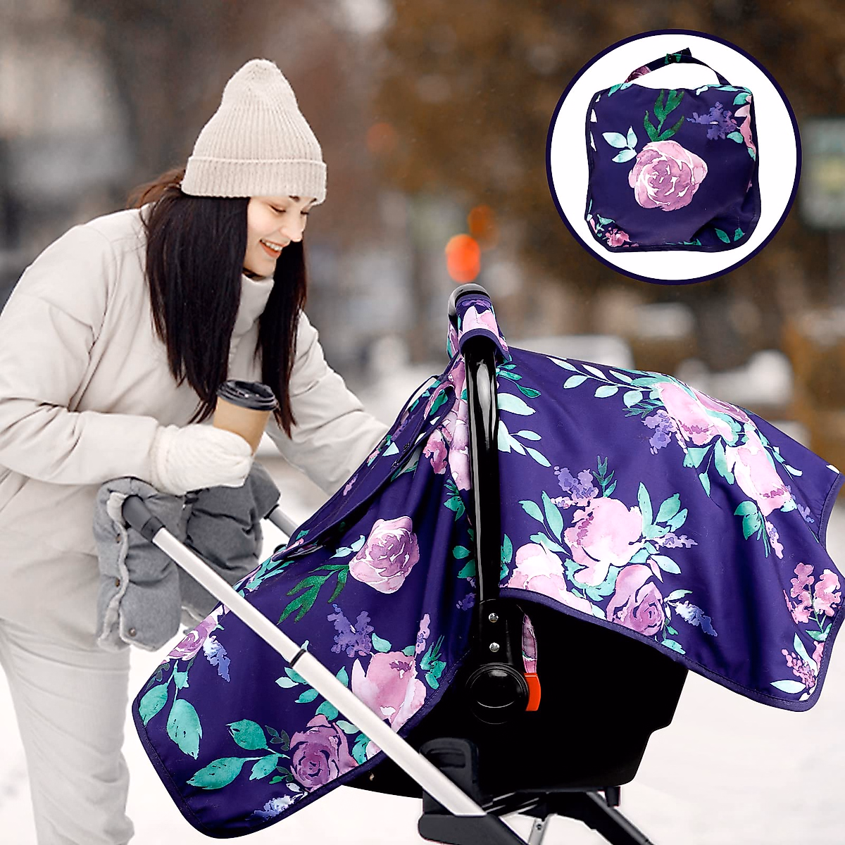 Baby Carseat Seat Cover Girls, Winter Carseat Canopy, Cozy & Warm Cover with Zipper Peep Windows, Infant Minky Carrier Cover, Soft Breathable, Baby Must Have, Purple Stuff
