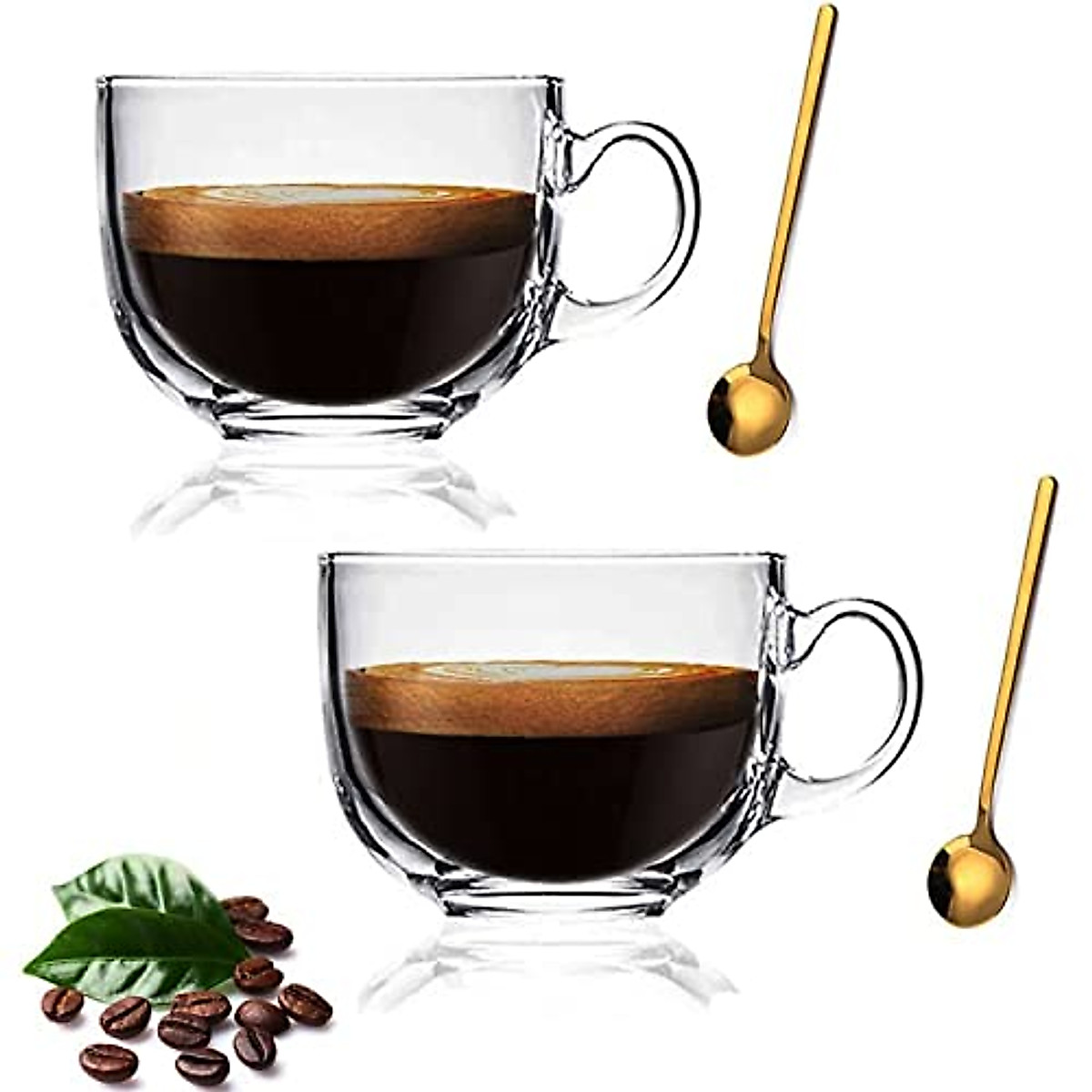 YAMSH Large Clear Glass Coffee Mugs Set of 2,14.8 oz(440ml)-Wide Mouth Tea Cups with Handle and Spoon Transparent Drinking for Cappuccino Cups, Latte, Milk color 4 Piece