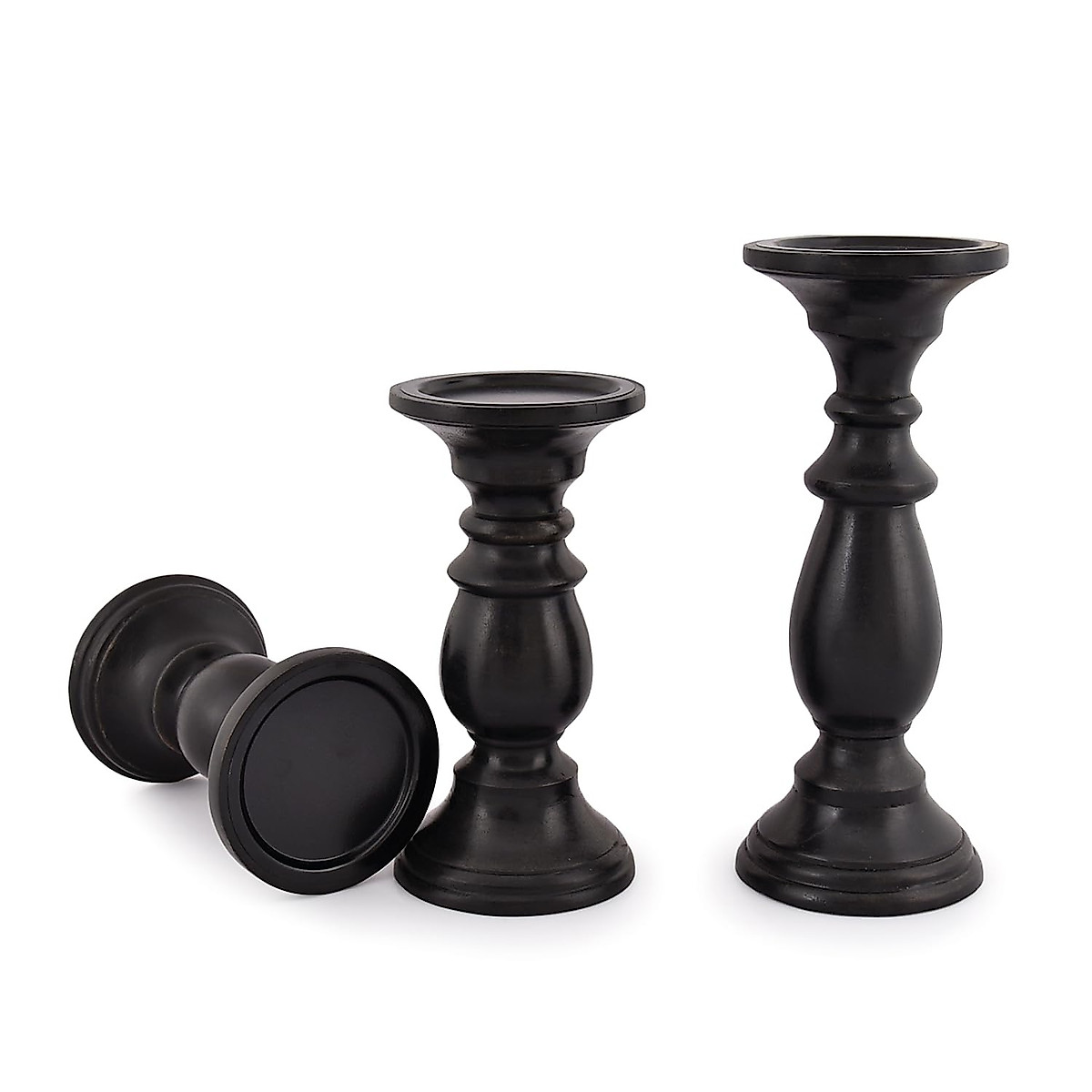 SAMHITA Set of 3 Farmhouse Mango Wood Candle Holders, in Black Finish for Table Centerpiece Candle for Any Room Decor