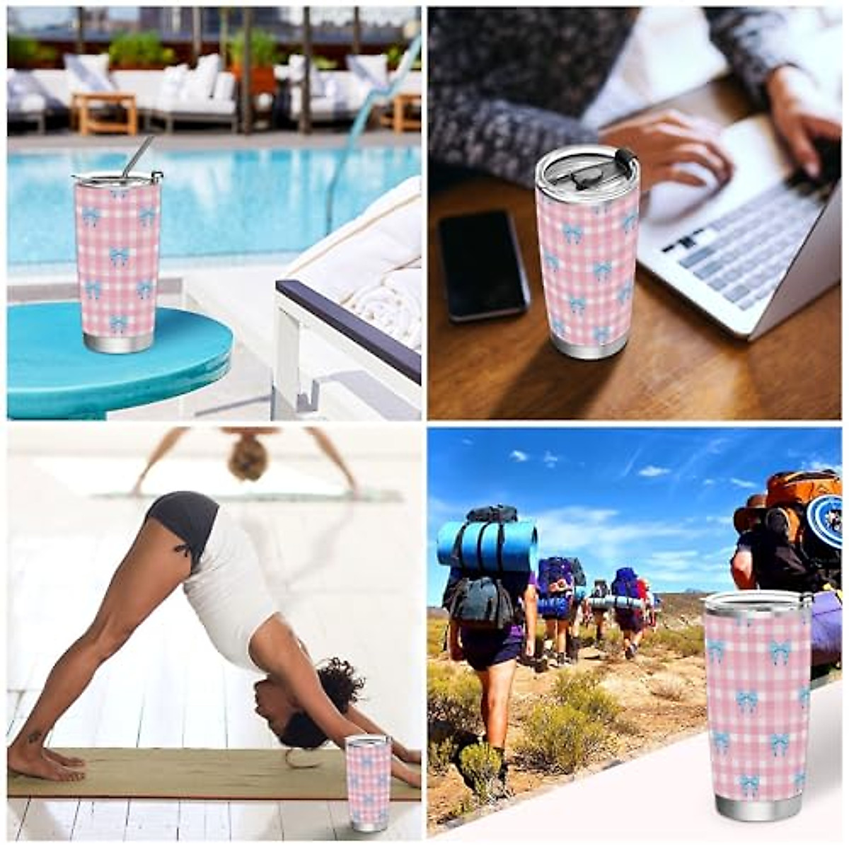 Pink Plaid Bow Stainless Steel coffee cups with lids with Straw Lid Camping Mug for camping simply flip straw tumbler 20 OZ