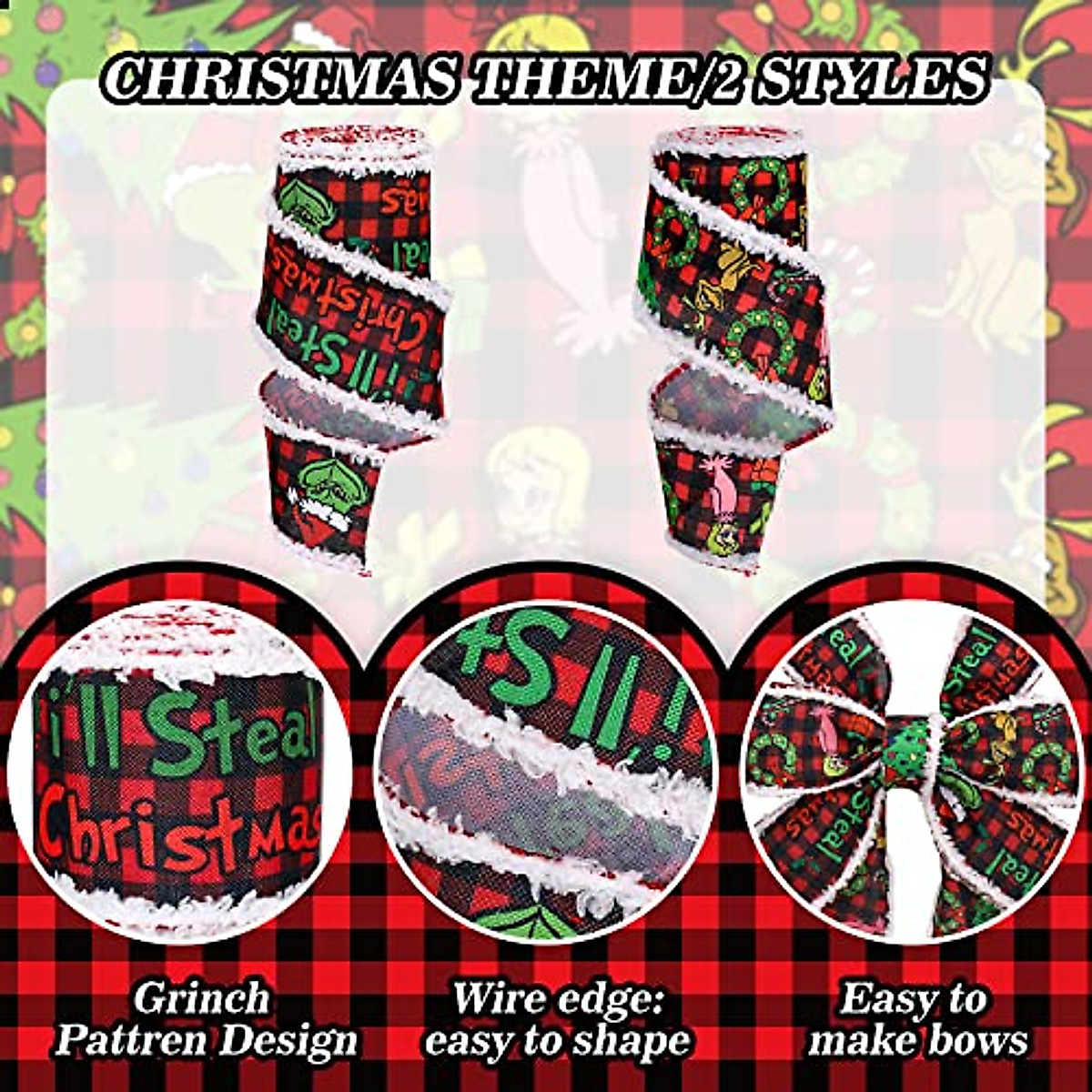 Whaline Christmas Wired Edge Ribbon with White Burr Red Black Buffalo Plaids Cartoon Character Craft Ribbon Xmas Green Red Decorative Ribbon for Gift Wrapping DIY Floral Arrangement Bow, 2.5", 2 Roll