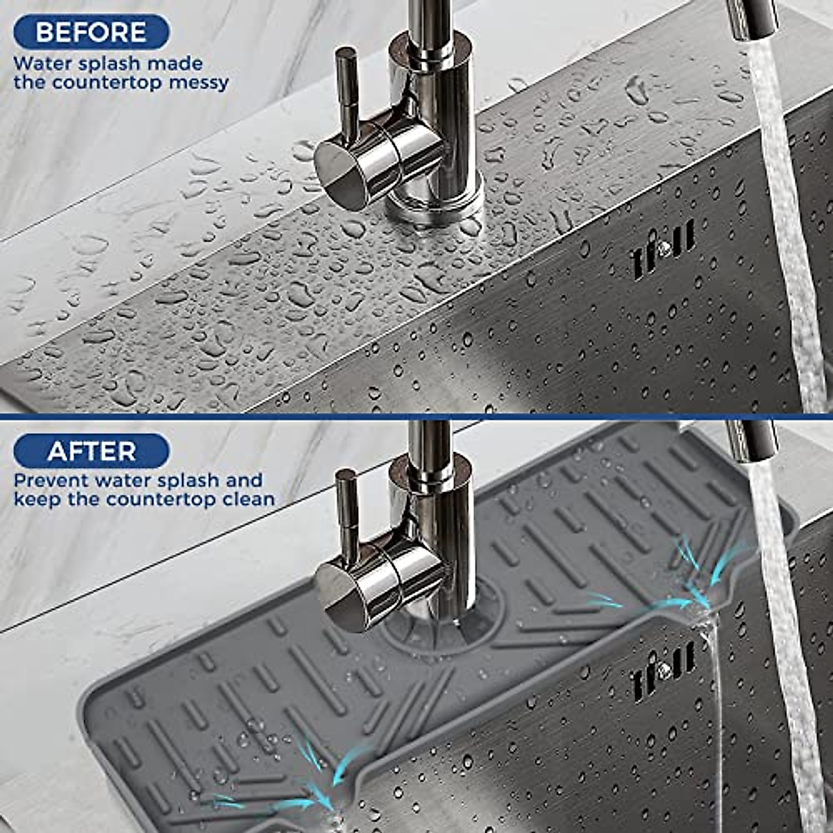 2 Pcs Silicone Faucet Handle Drip Catcher Tray Mat, 2 in 1 Dish Soap Sponge Holder for Kitchen Sink & Sink Splash Guard, Silicone Faucet Mat Drying Mat for Kitchen Sink Accessories, Counter, Bathroom