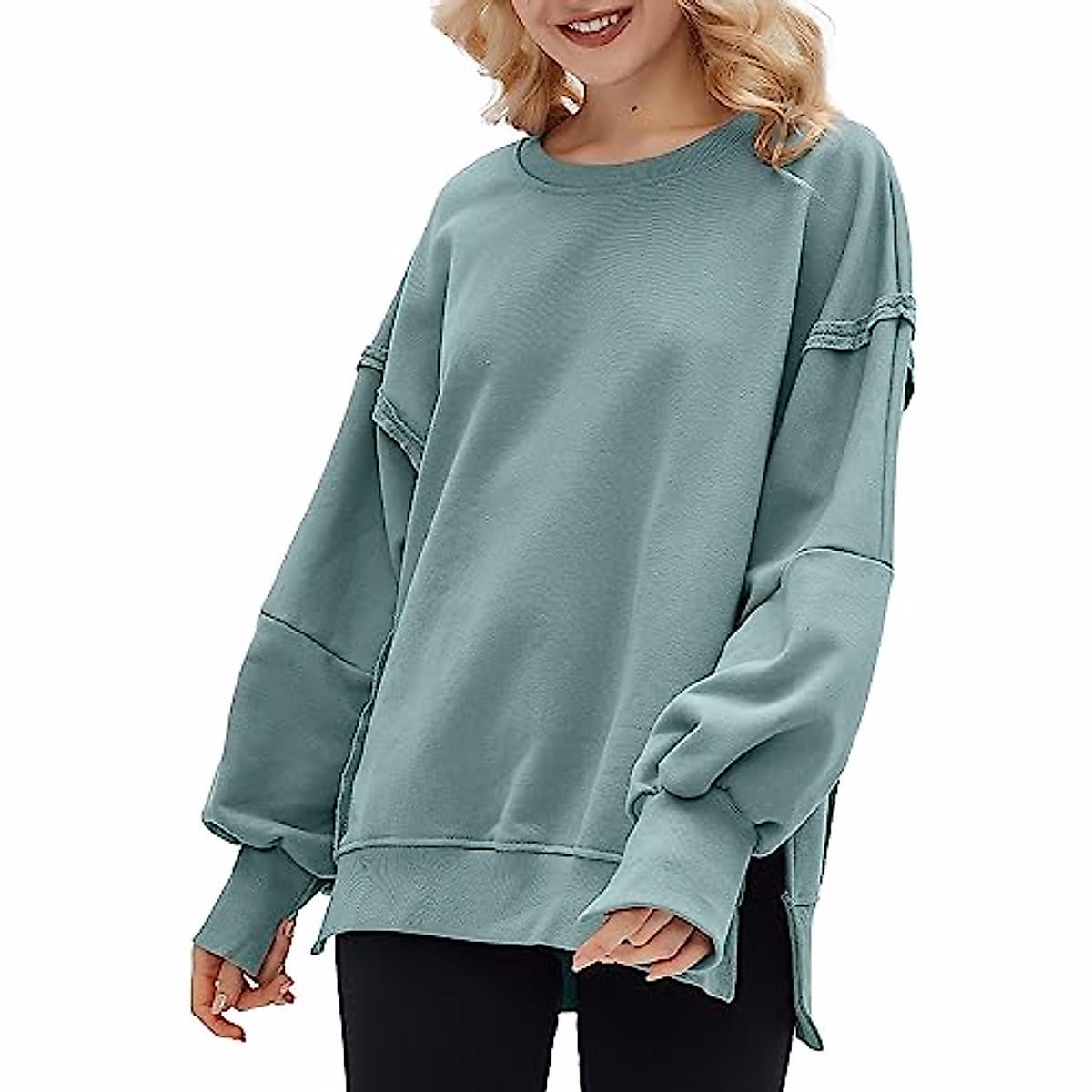 Beaully Women’s Oversized Contrast Patchwork Sweatshirt Casual Side Split High Low Hem Boyfriend Pullover Tops Streetwear 6088 Grey Blue Medium