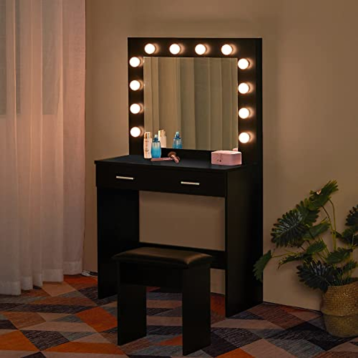 OFCASA Vanity Desk with Mirror and Lights, Vanity Set with 3 Colors Lights, Makeup Table with Mirror and Chair, Adjustable Nightstand, Solid Wood Legs, Bedroom Dressing Table (Black)