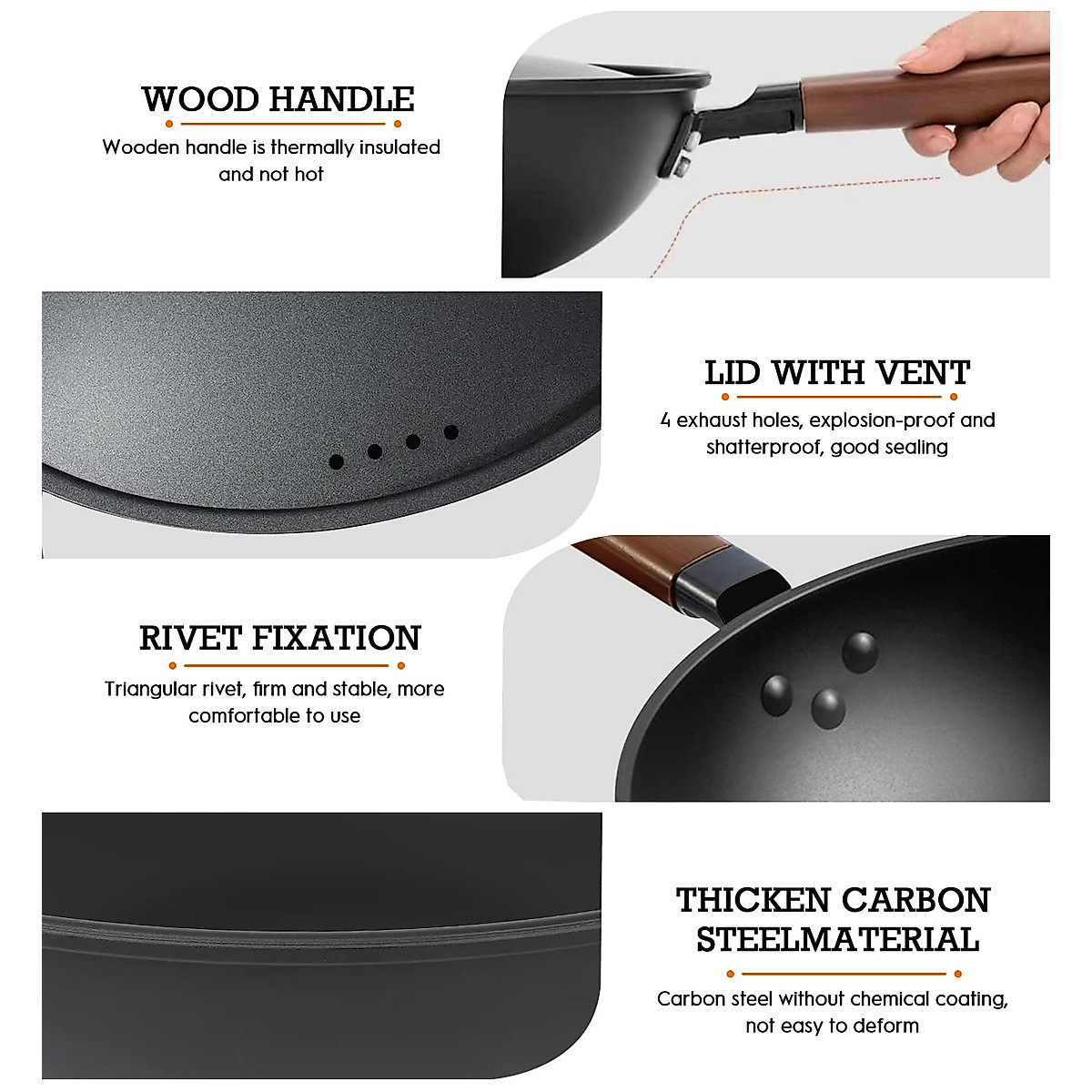 XIHEIMA 13 Inch Carbon Steel Wok Pan with Lid and Spatula,Wooden Cookwares Nonstick Woks ＆ Stir-Fry Pans,No Chemical Coated Flat Bottom Chinese Wok for Induction, Electric, Gas, Halogen, All Stoves