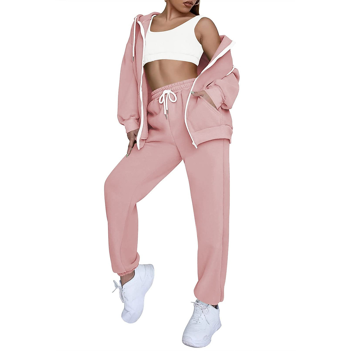 Fixmatti Women Sweat Suits with Zip up Hoodie 2 Piece Outfits Active Jogger Set Tracksuit Pink S