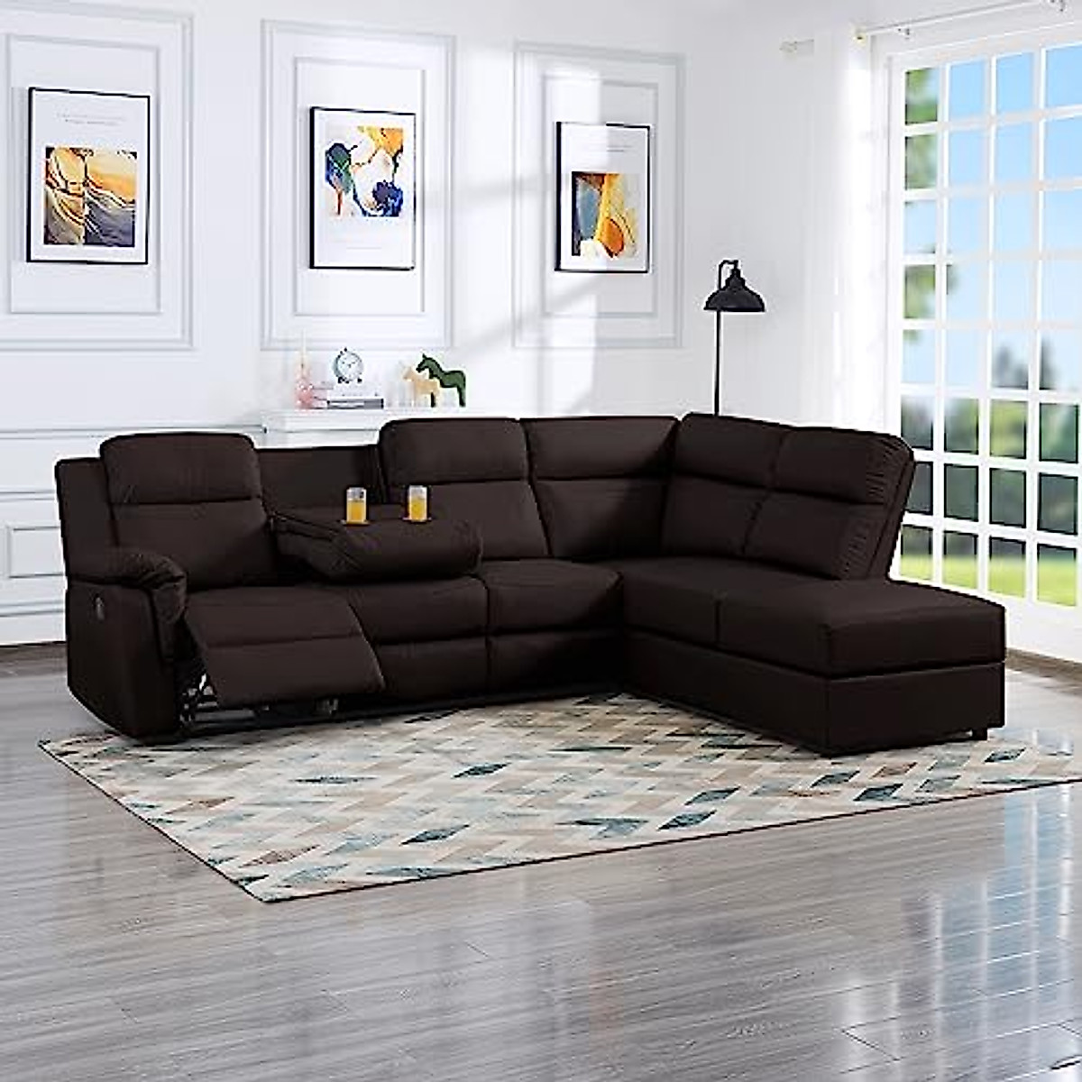 Modern Faux Leather Manual Reclining Sectional Sofa Couch with 2 Cup Holders and Sorage Chaise Lounge, L-Shaped Corner Skin Friendly PU Sofa & Couch for Home Theater Office Living Room Furniture Sets