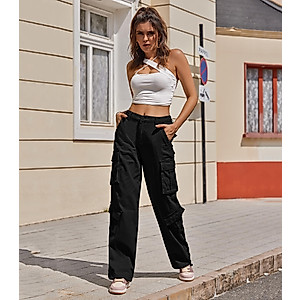ZMPSIISA Women Pants High Waisted Cargo Pants Combat Military Trousers Wide Leg Casual Pants 8 Pockets (Black,Medium)