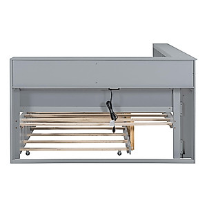 Hlcodca Wooden Full Size Daybed with Twin Size Trundle, Daybed with Storage Shelf and USB Charging Ports, for Kids Teens Adult Bedroom (Gray/Full + Daybed)