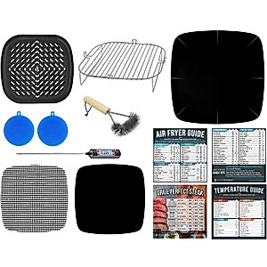 12 Pcs Air Fryer Accessories with Rack, Grill Pan, Air Fryer Cheat Sheet for Dreo, Ninja, Ultrean, Gowise, Gourmia, Cosori, Chefman, Instant Pot, Square Air Fryer Liners for Basket Freidora de Aire