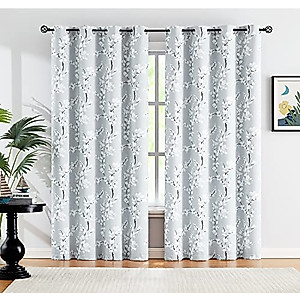 White Grey Blackout Curtains for Bedroom 84 inch Length Floral Printed Living Room Curtain Panels for Farmhouse Décor Blossom Thermal Energy Efficient Light Blocking Window Curtain 50"w 2pcs