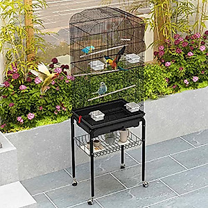 Jehiatek 59 Inch Bird Cage with Rolling Stand, Parakeets Cage with Open Top Roof, Tall Bird Cage Metal Bird Cage for Medium Small Cockatiel Canary Conure Finches, Black, Easy to Install